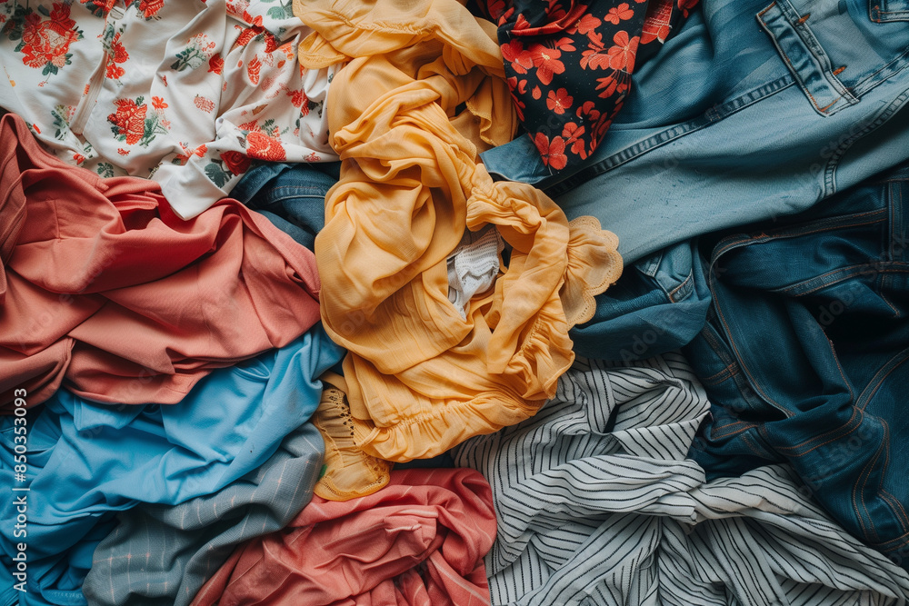 discarded pile of clothes representing fast fashion and the ...