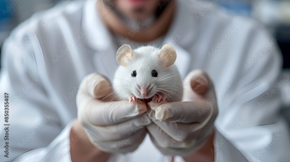 Scientist holding white laboratory mouse (Mus musculus), studying ...