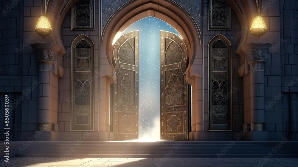 Grand mosque entrance with open doors. Mosque gate with starry sky ...