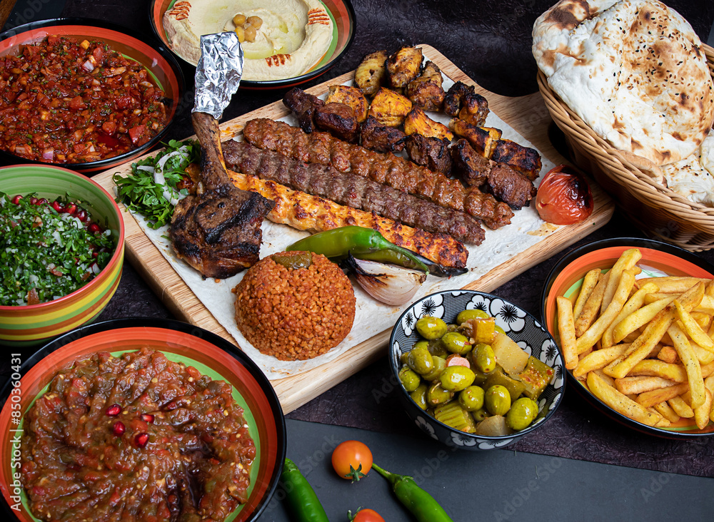 Arabic grilled arabic food dishes kebab, dolma, mansaf, shawarma ...