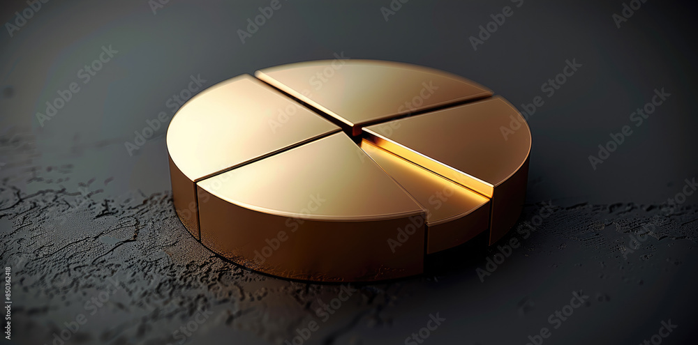 On a black background, there is a golden three-dimensional pie chart in ...