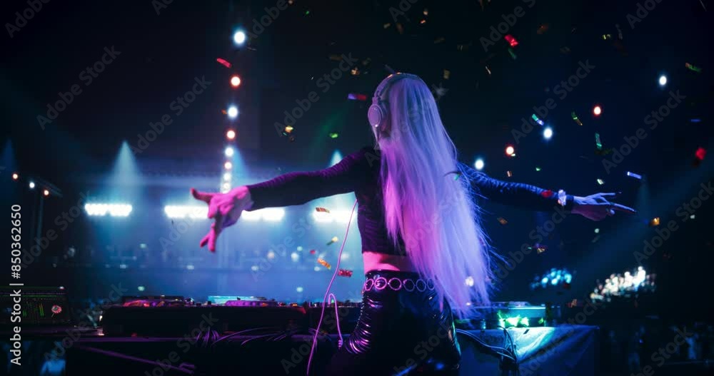 Girl Performing at a DJ Concert Live on Stage with Falling Confetti ...
