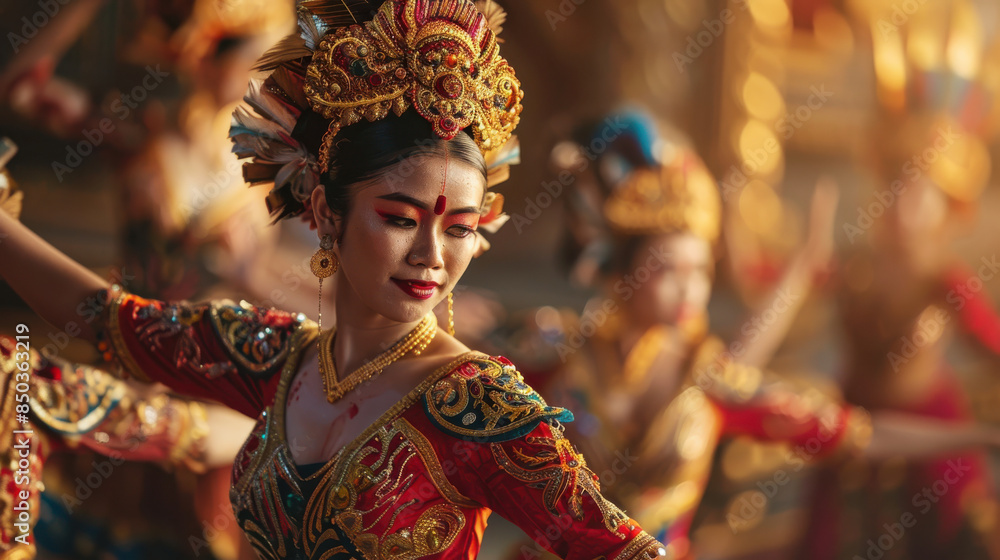 Balinese dancers in traditional costumes, vibrant colors, intricate ...