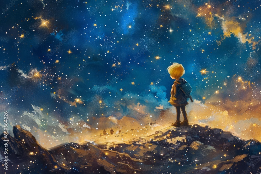 Depict the Little Prince gazing at the stars and contemplating the ...
