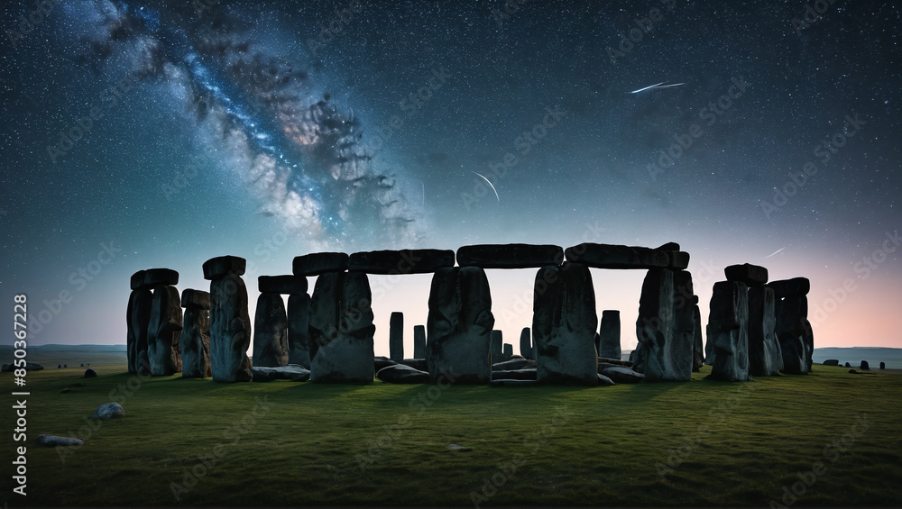 Atmospheric depiction of Stonehenge under a starry night sky, evoking ...