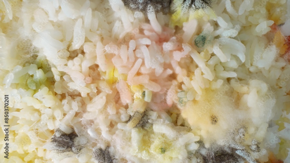 Rice spoiled: Mold's dark palette mingles with green and yellow stains ...