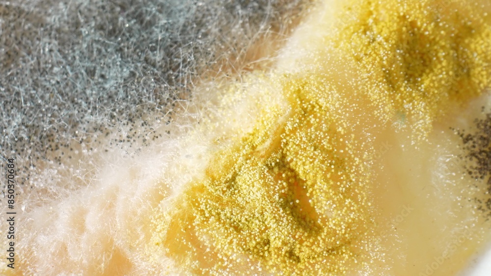 A miniature ecosystem: Yellow spore clusters bloom amidst a network of ...