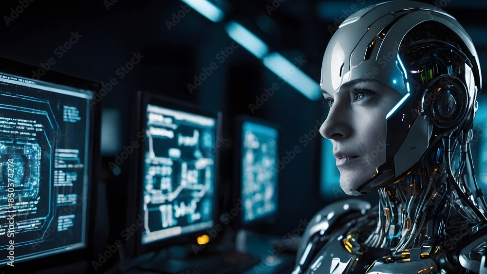 Artificial intelligence and Automated machine learning language blue digital user interface with ...