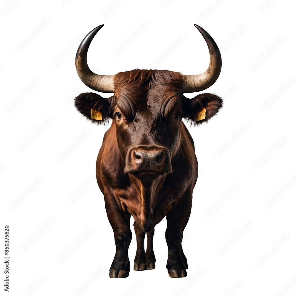 Strongest dark brown bull with muscles and long horns portrait looking ...