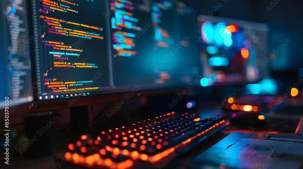 Abstract code lines on a screen with a glowing keyboard, representing ...
