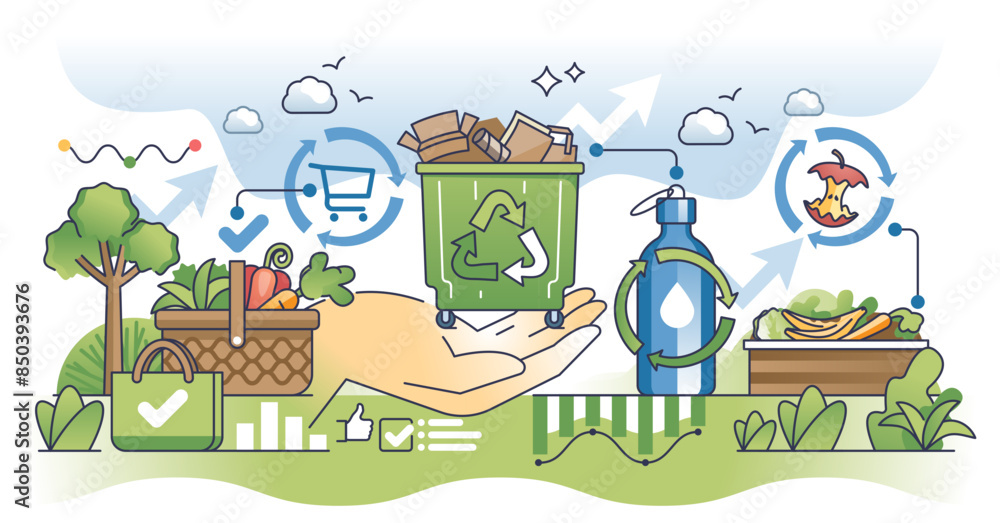 Waste reduction and organic trash management outline hands concept ...