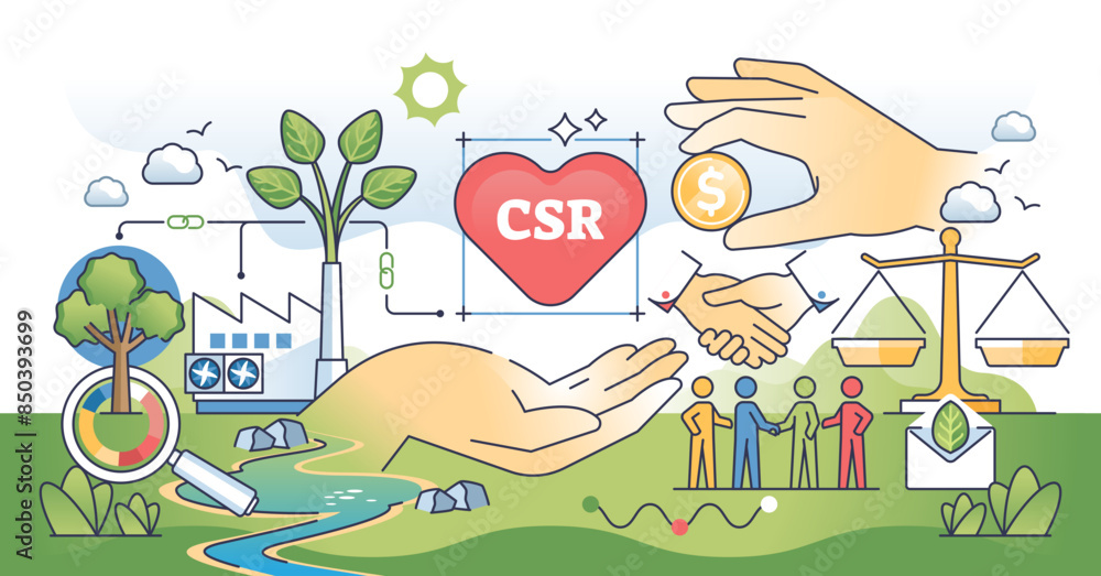Corporate social responsibility or CSR in business outline hands ...