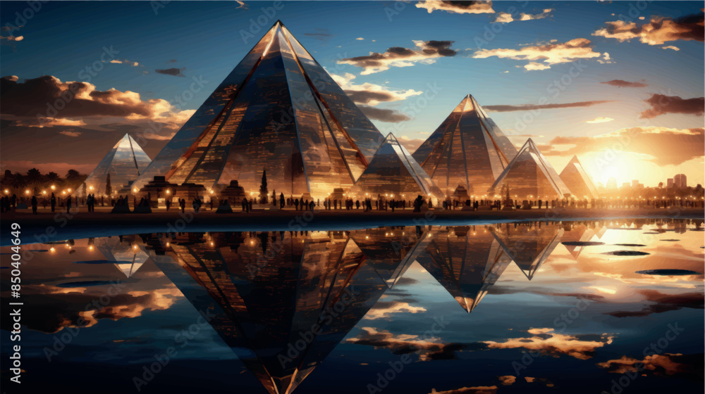 Egyptian pyramids in modern style. Night in Egypt in the sun, sunset in ...
