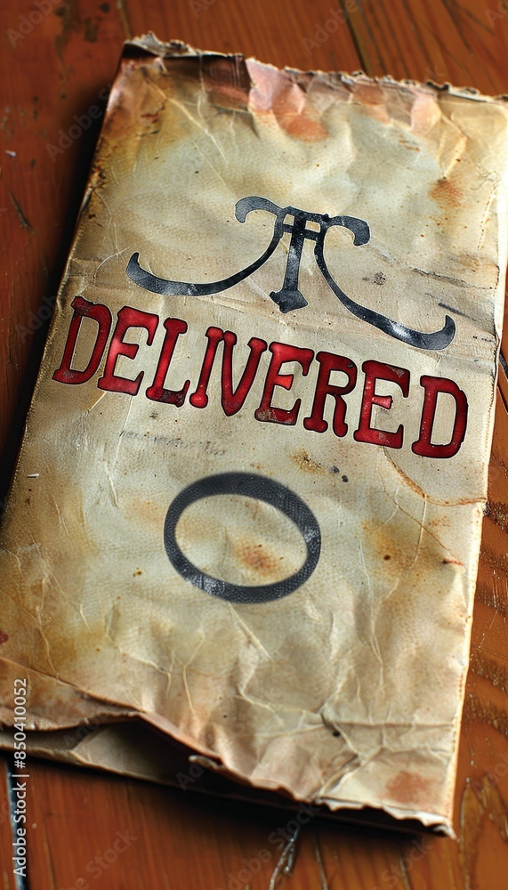 Package envelope marked as delivered placed on a table for delivery ...