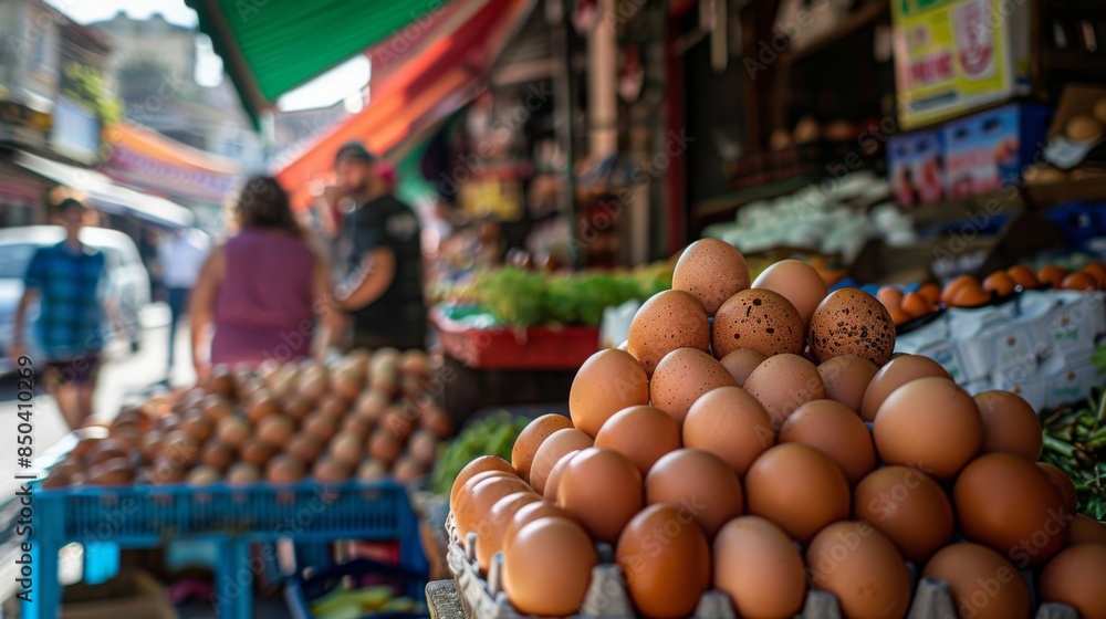 Egg stall at a busy street market with fresh produce and various goods ...