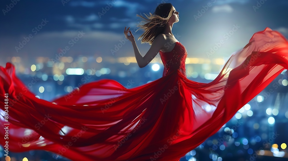 Fashion Woman in Red fluttering Dress Back Side Rear View Glamour Model ...