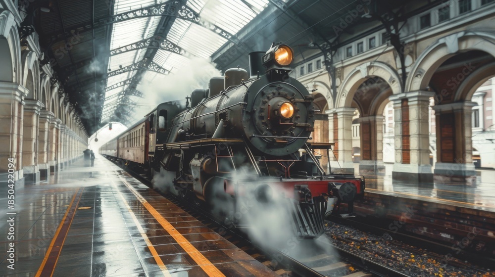 Photo & Art Print Old-fashioned train station vintage locomotive steam ...
