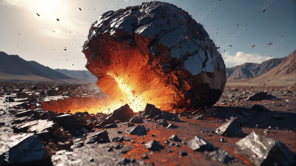 Apocalyptic impact of a meteorite, shattering the Earth's crust and ...