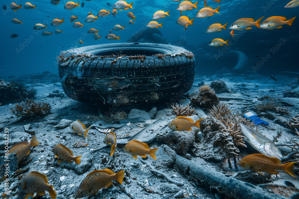 Fish swimming around abandoned tire on ocean floor, highlighting ...