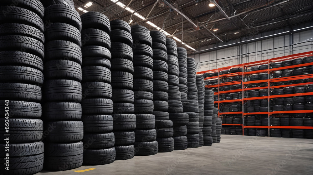 Massive piles of new car tires stored in an industrial warehouse ...