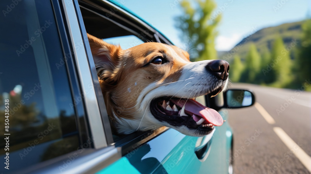 A delighted dog enjoying a car ride with its head out of the window, a ...
