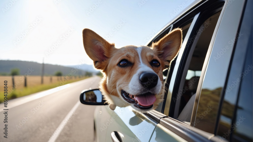 A jubilant dog sticking its head out of the car window, tongue out and ...