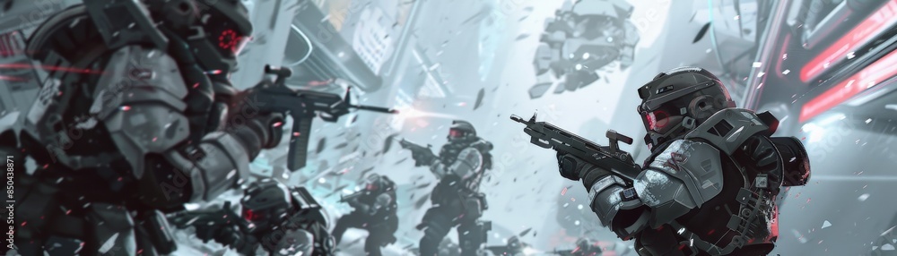 Futuristic soldiers engaged in a high-tech battle scene with advanced ...