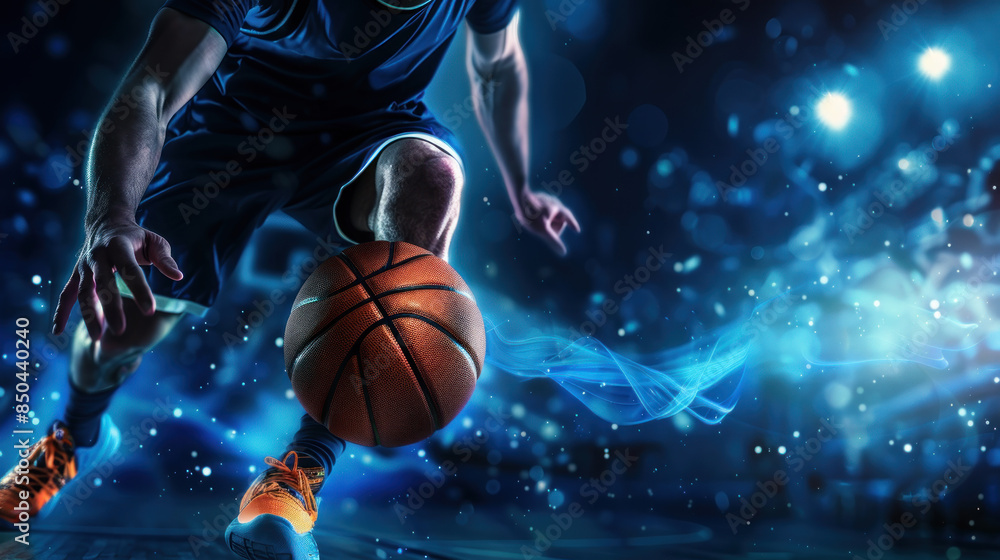 Basketball player in action court with lights background. Athlete ...