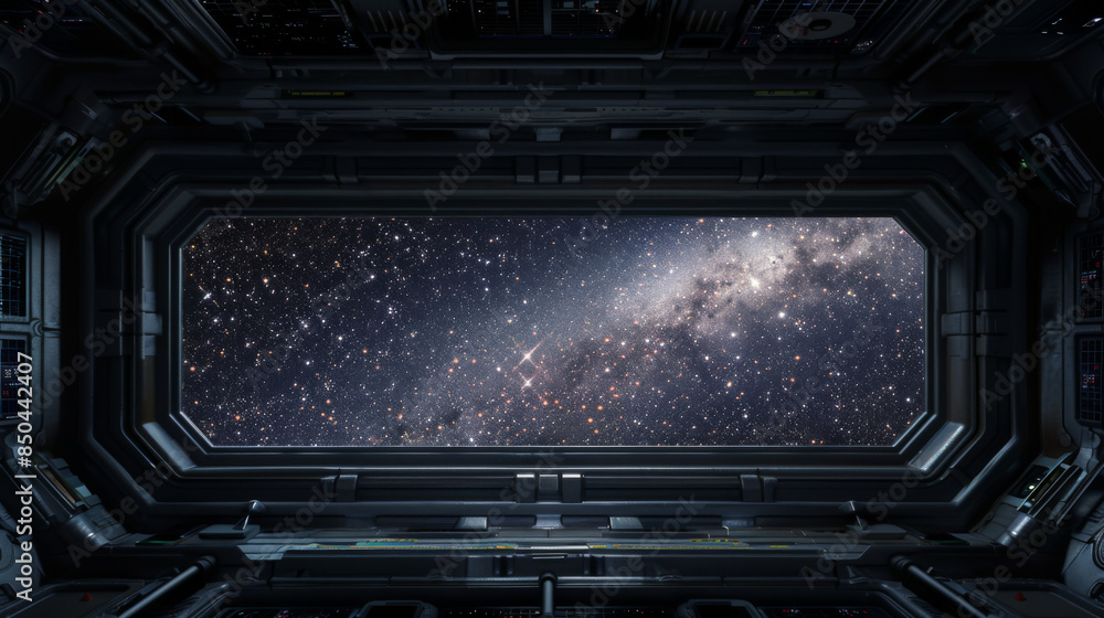 View from the window of a spaceship to space, the Moon, and the ...