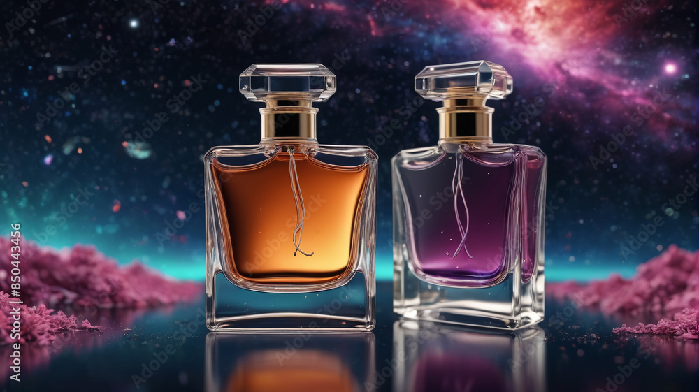 An elegant perfume bottle amidst the cosmic wonders of the universe ...