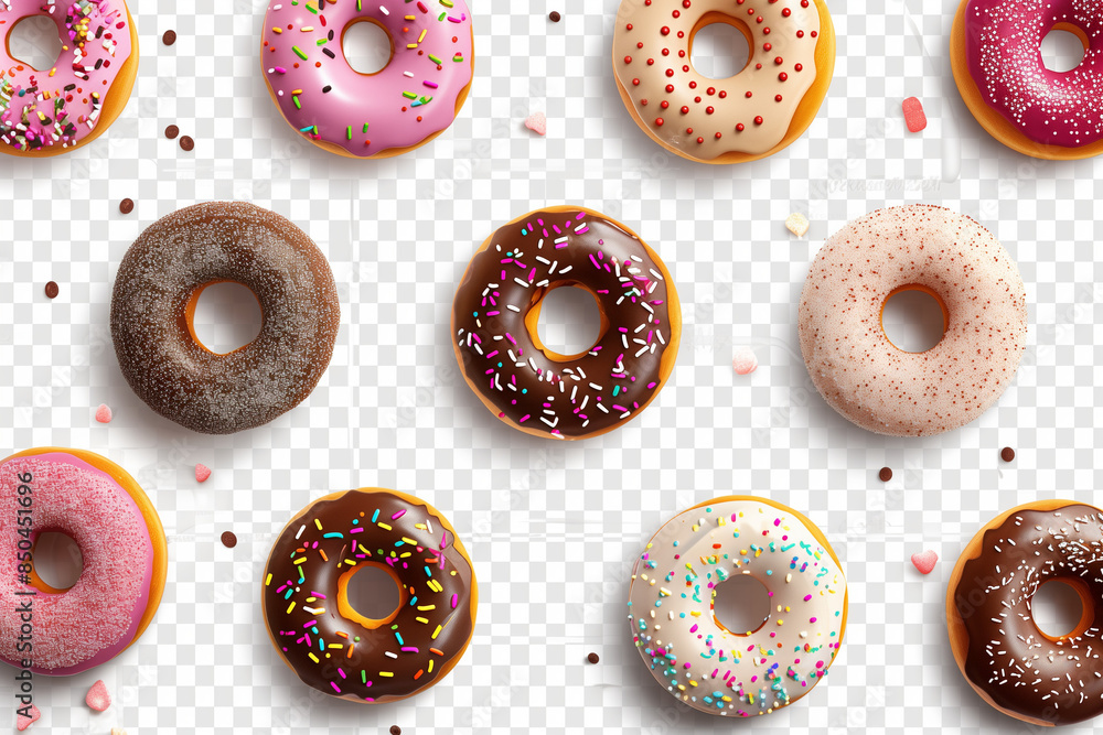 Collection of round donut doughnut, glazed frost nut set, side view on ...