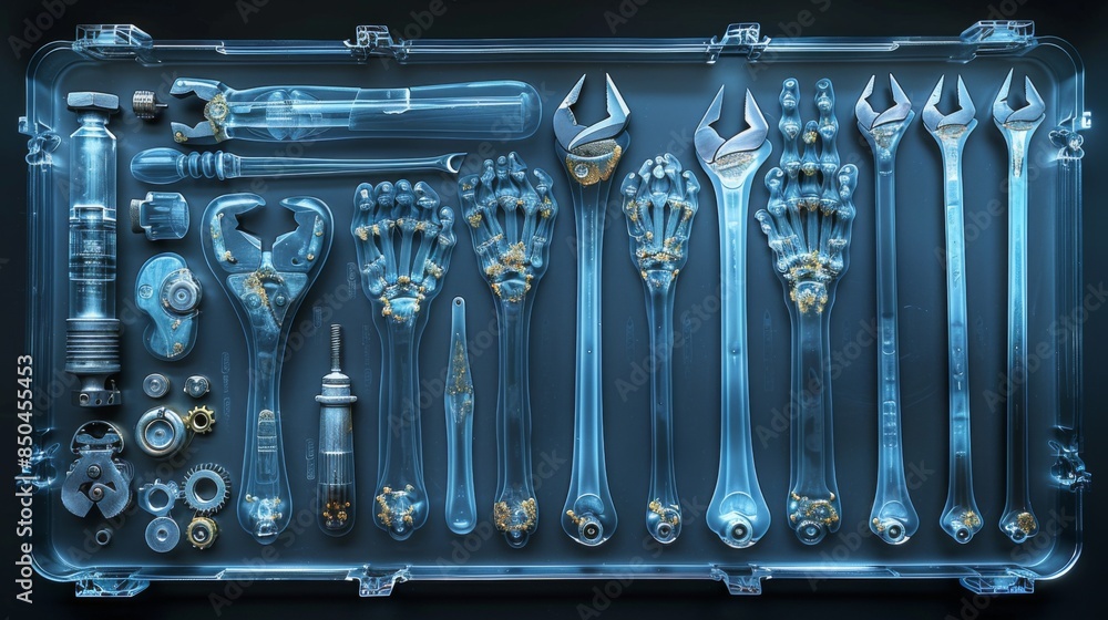 X-ray scan of a set of hand tools, showcasing the shapes and sizes of ...