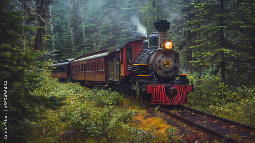 The train travels along tracks that run through a dense forest. Its ...