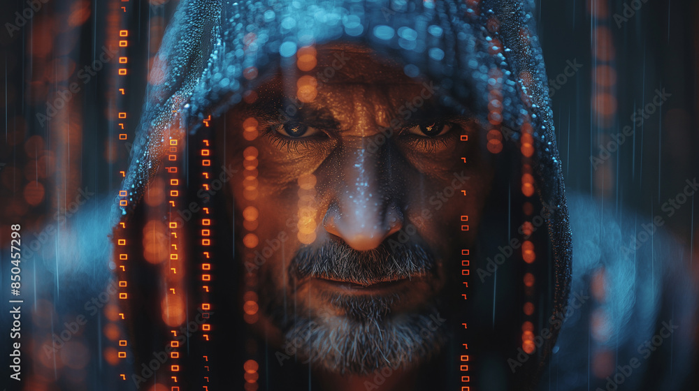 A man with a hood over on head, a digital representation of a man's ...