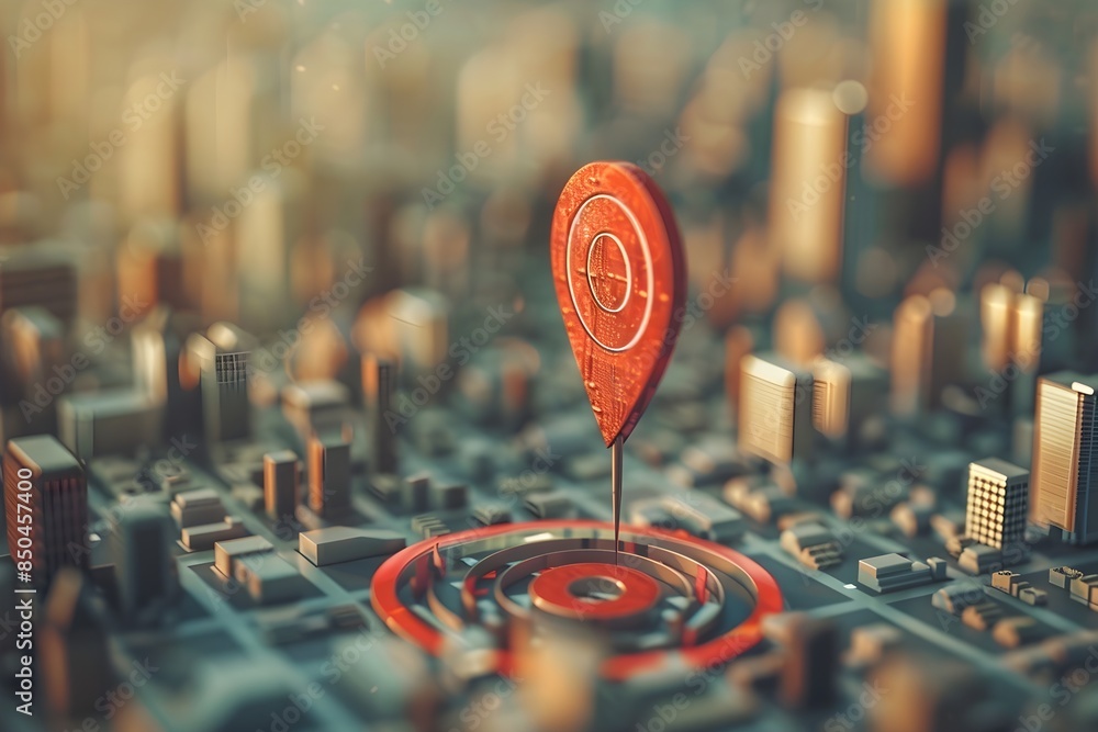 an arrow is on a target icon and lot of company buildings around it ...