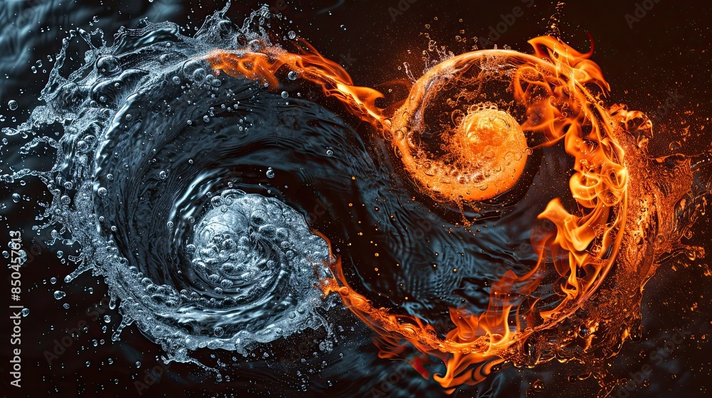 Fire and water forming a yin yang symbol, representing the concept of ...