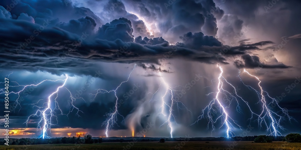 Stormy night with dark clouds, thunderbolts, and heavy rain in summer ...