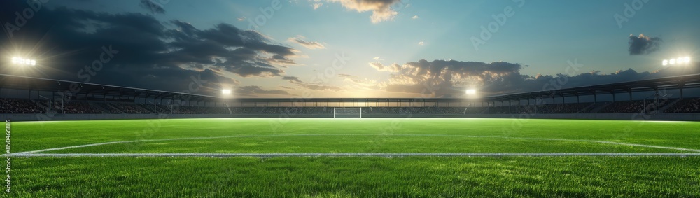 Soccer field with illumination, green grass and cloudy sky, background ...