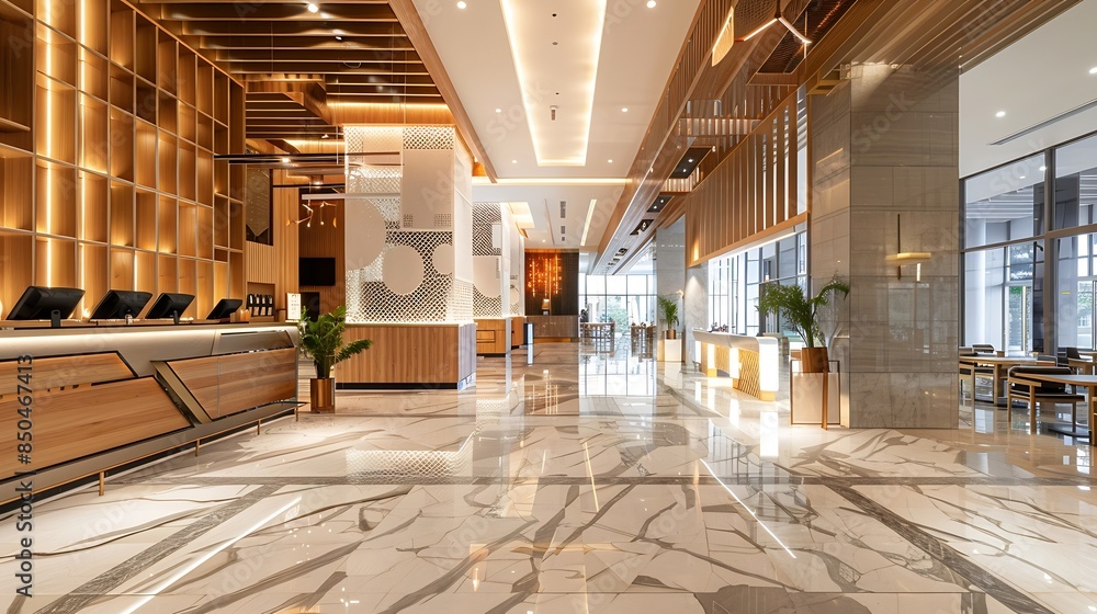Light wooden and marble tile floor interior of modern cafe with double ...