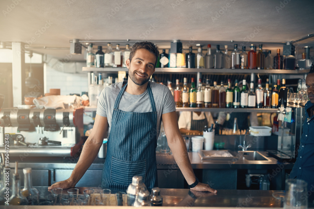Bartender, man and smile in portrait at counter with service for drinks ...