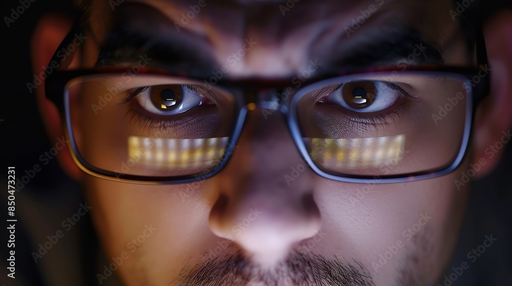 Computer screen light reflect from glasses Close up of eyes Business man coder or programmer ...