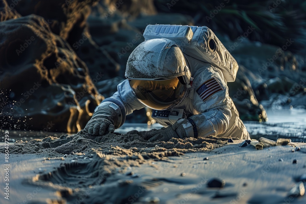 Astronaut Designs Sand Art on an Extraterrestrial Coast, Outer Space ...