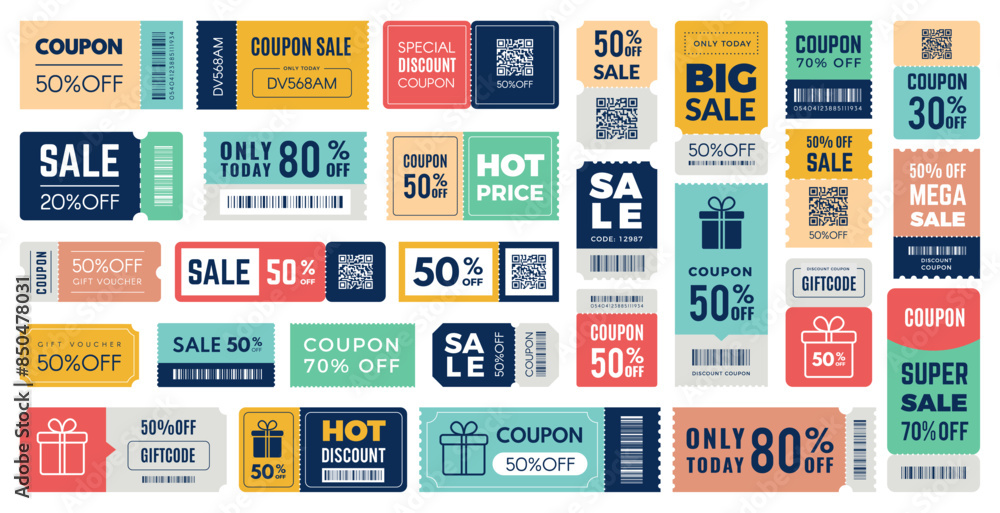 Coupon ticket. Code promotion event, sale off 50. Voucher discount ...