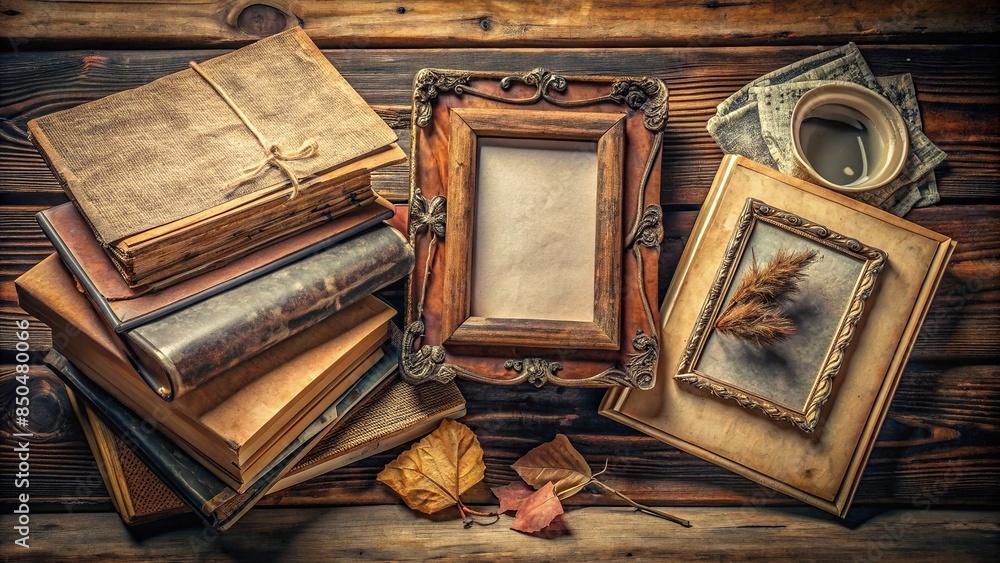 Vintage paper sheets, old book, antique photo frames and corners in a ...