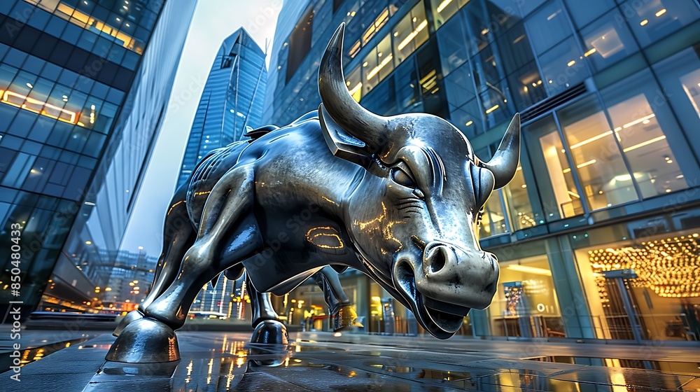 Majestic Bull Statue Illuminated by City Lights with Towering Building ...