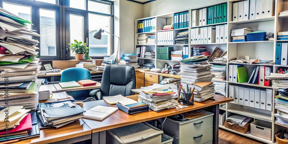 Messy and cluttered office desk with piles of files and disorganized ...
