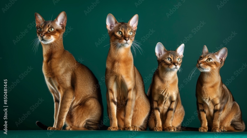 Four elegant Abyssinian cats displayed with attentive expressions ...