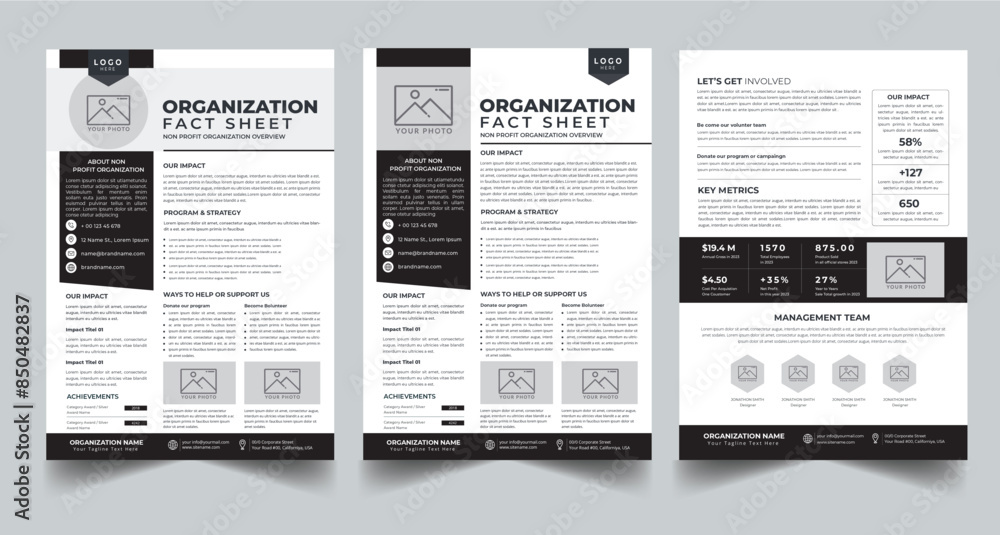 Nonprofit Organization Fact Sheet layout design template with 3 style ...