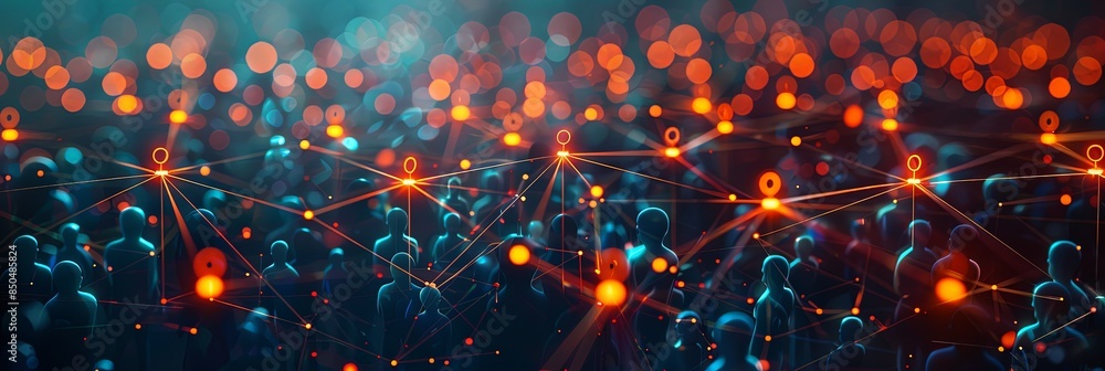 The image features a background with red and blue bokeh effects and a network of interconnected ...