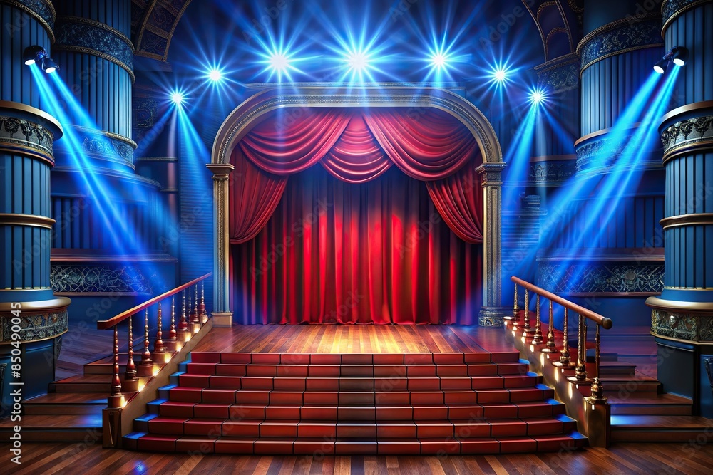 Theater stage set with red curtains, grand staircase, and blue ...